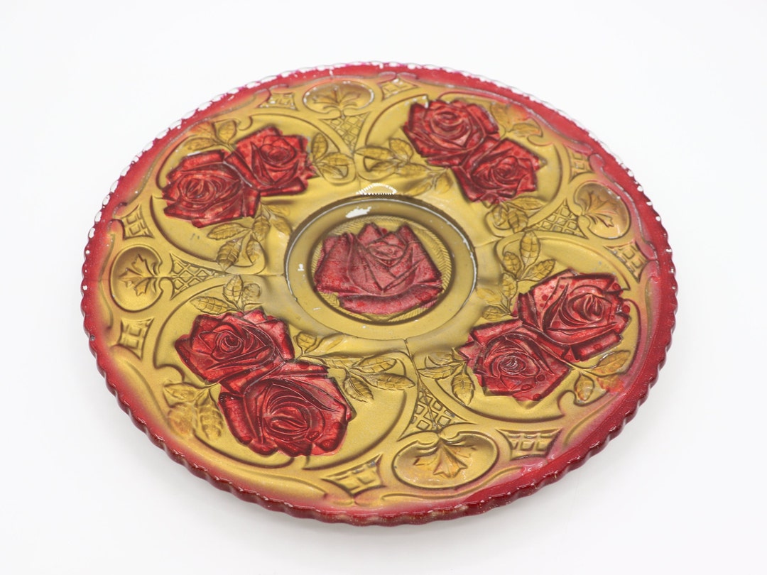 Vintage 10.5" Goofus Glass Plate - Gold and Red Reverse Painted Antique ...