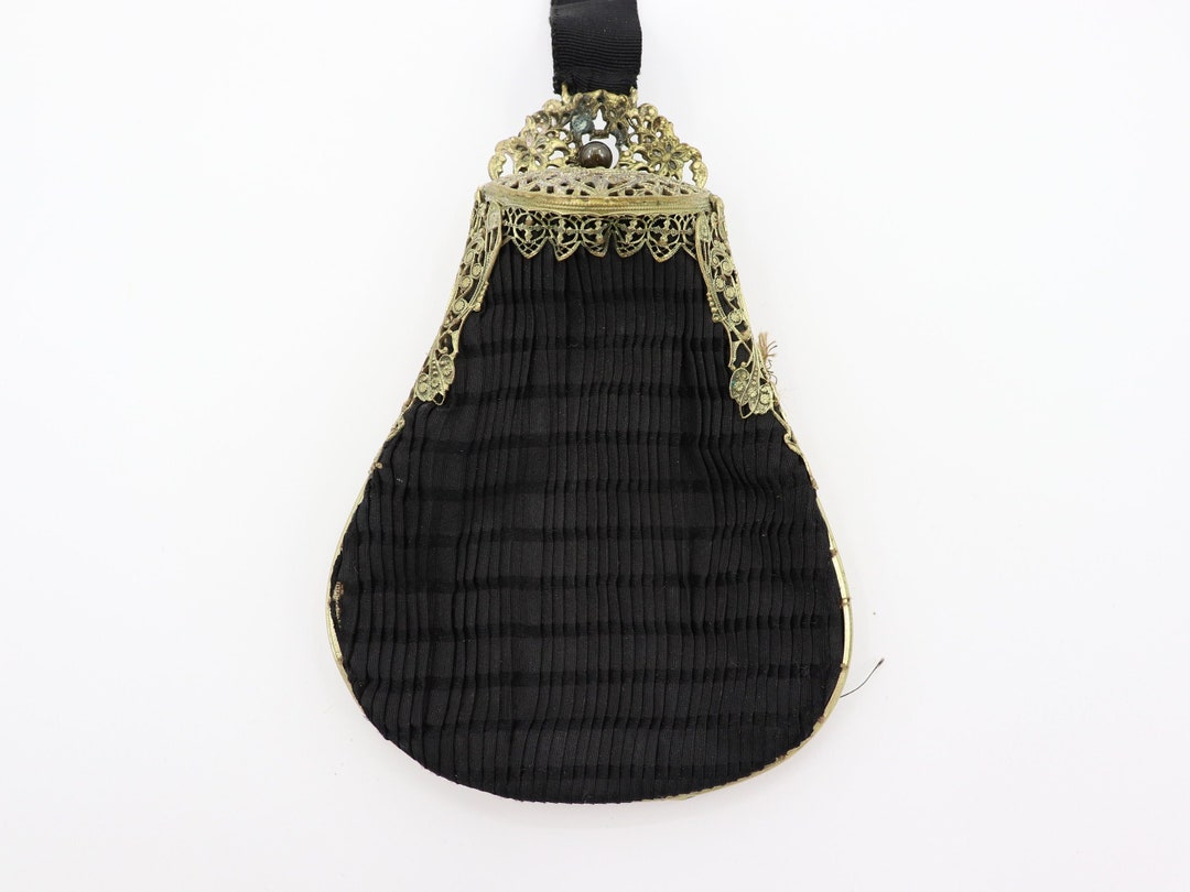 Antique Victorian Edwardian Black Purse Evening Bag Wristlet With Metal ...