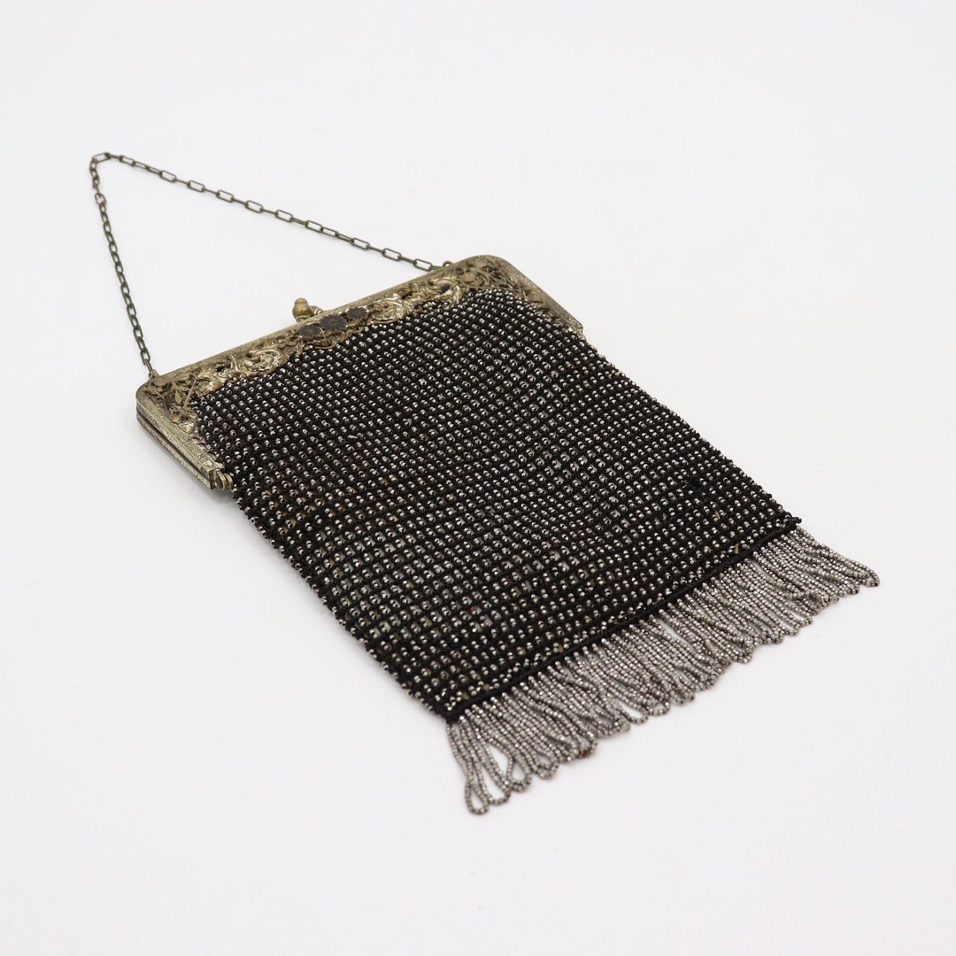 Antique 1920s Steel Cut Beaded Bag - Vintage Black Flapper Purse With ...