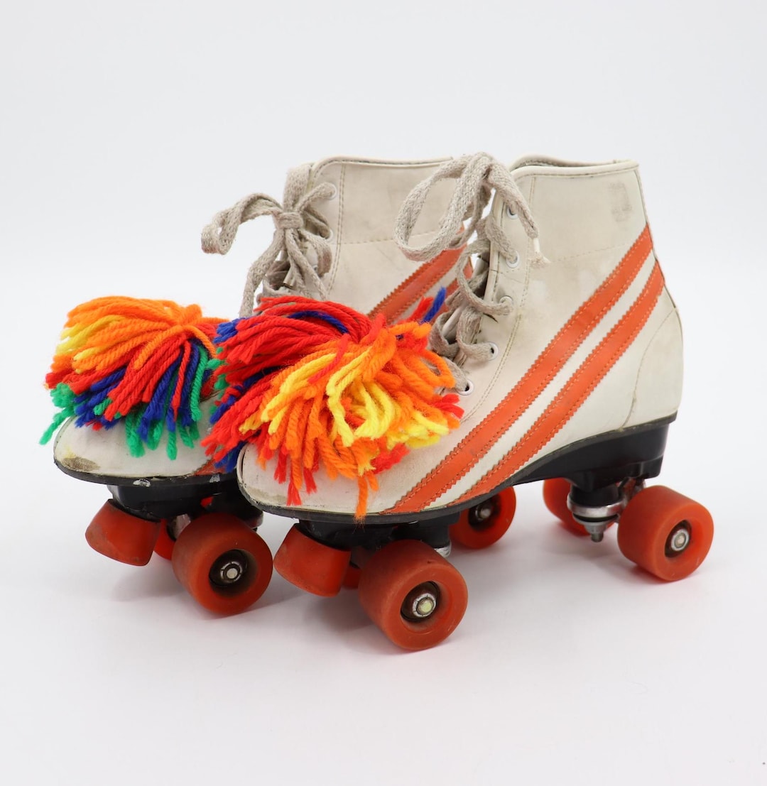 Vintage White and Orange Roller Skates With Pom Poms - Roller Derby ...