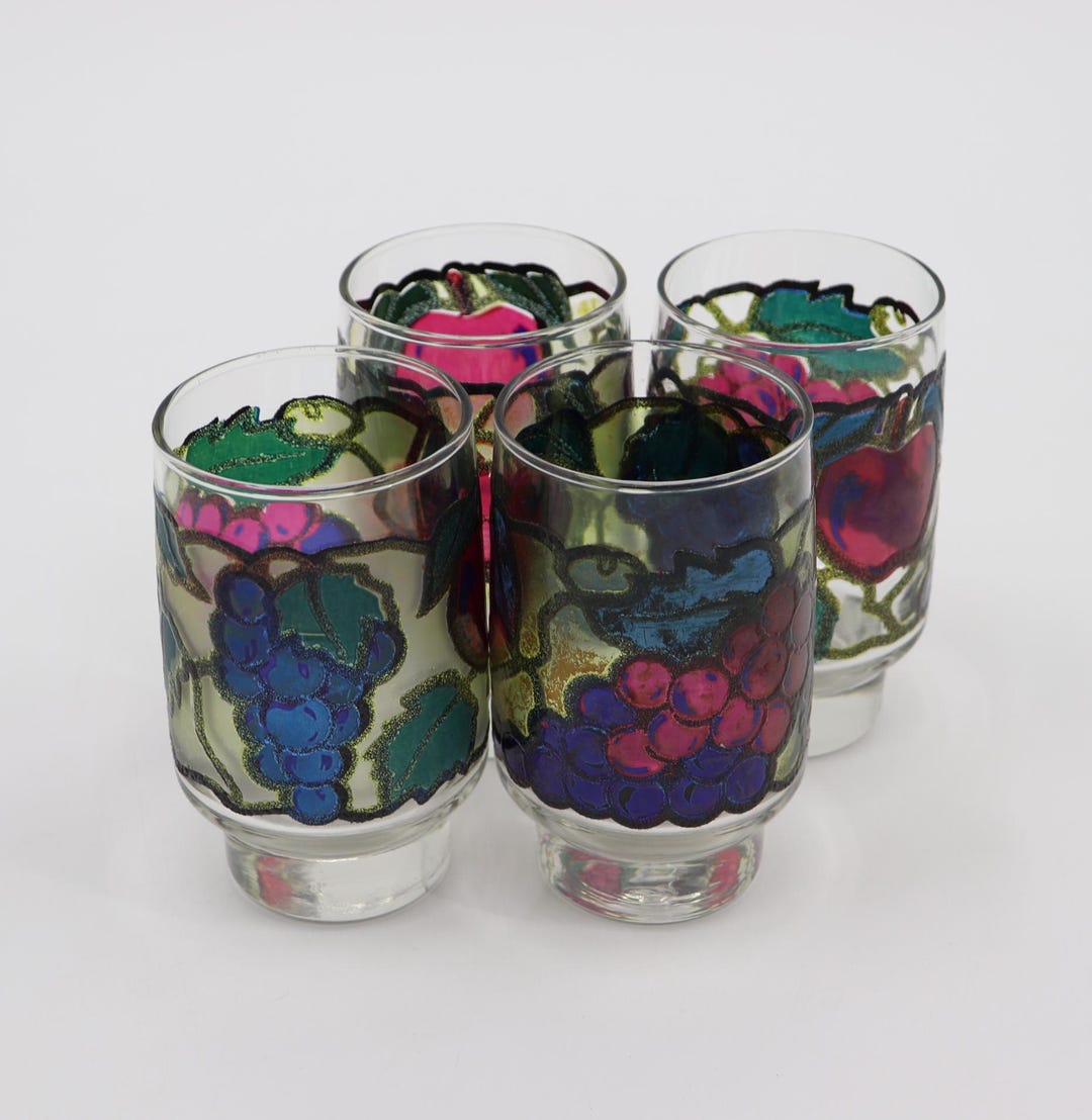 Vintage 1970s Libbey Stained Glass Cups - Decorative Fruit Pattern ...