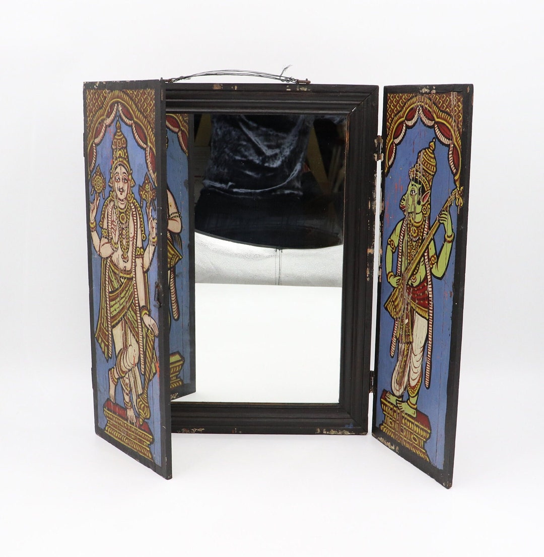 Antique Vintage Indian Triptych Mirror - Vishnu Hindu Hand Painted Wall ...