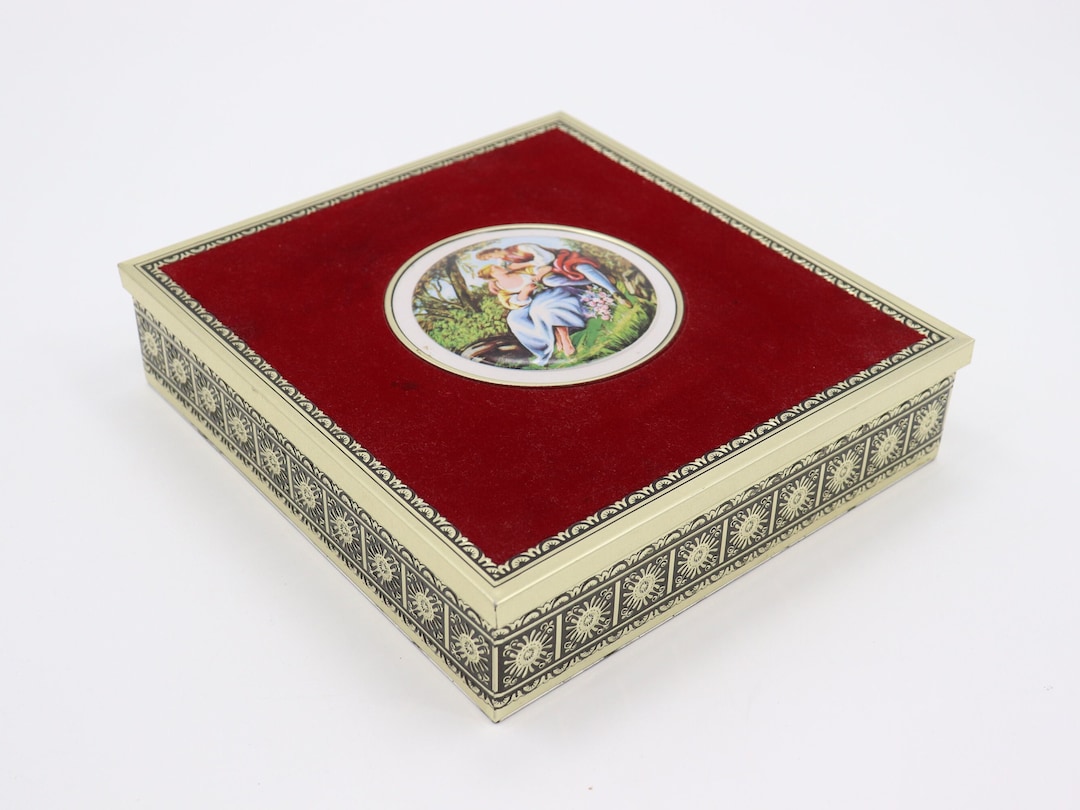 Vintage Red Fabric Cameo Candy Tin - Courting Couple Biscuit Box - Made ...