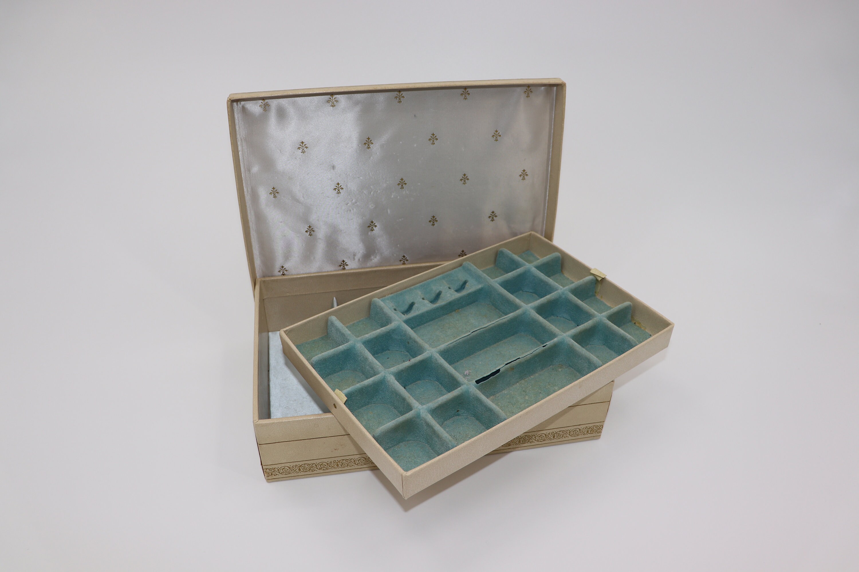 Antique Vintage Cream Colored Jewelry Box With Blue Interior - Multiple ...