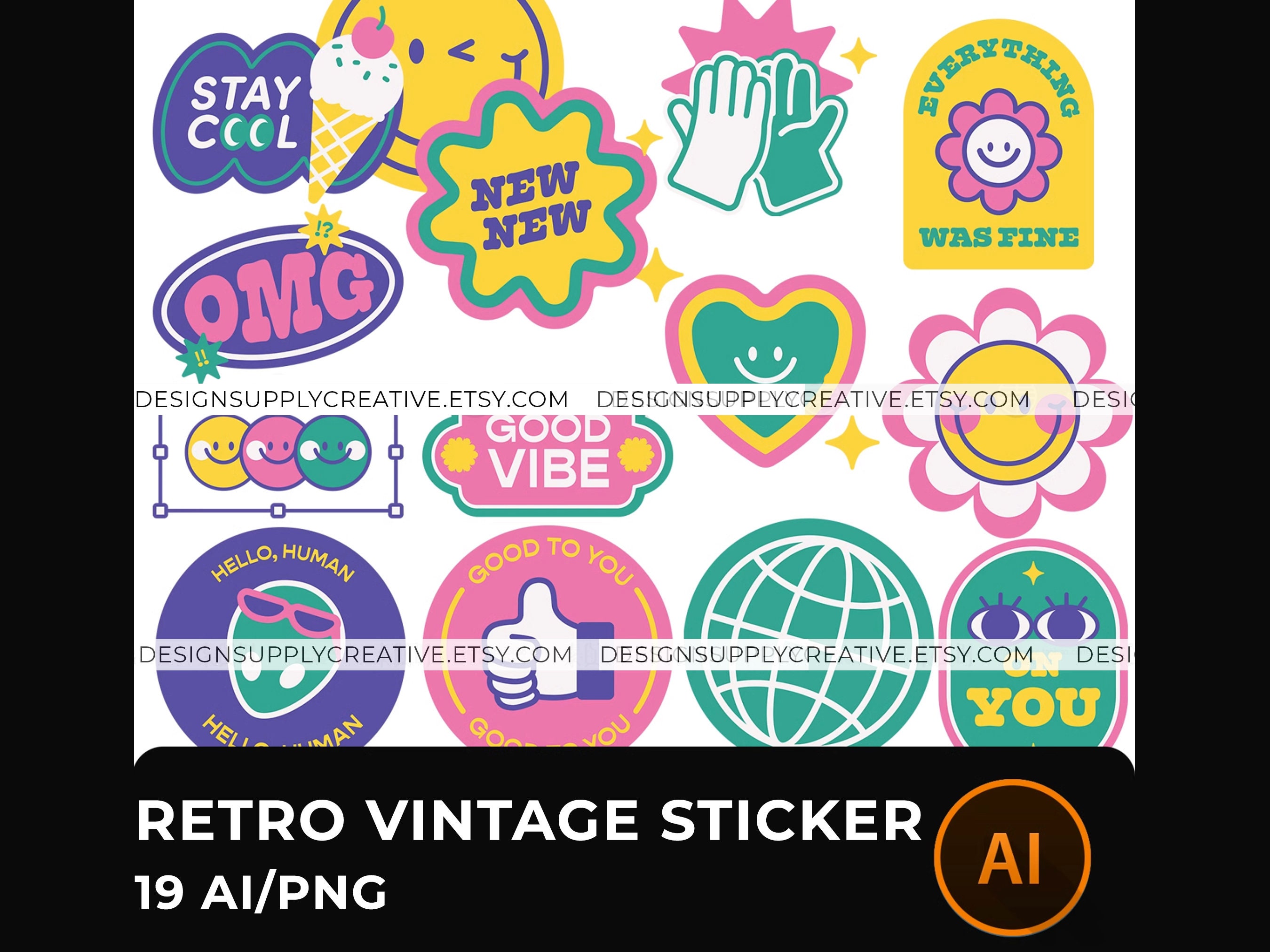 19 Pack Retro AI / PNG Vector Trendy Cute Cartoon Sticker Label ...