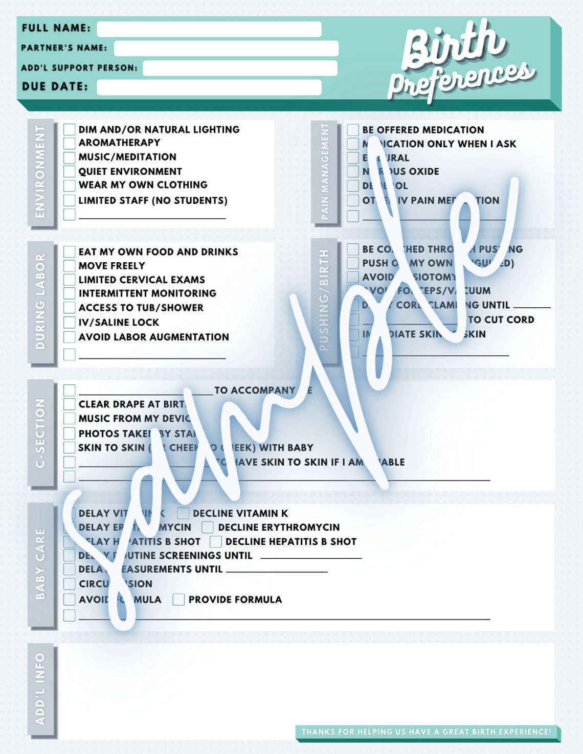 Birth Plan/preferences Worksheet - Digital Printable Organization for ...