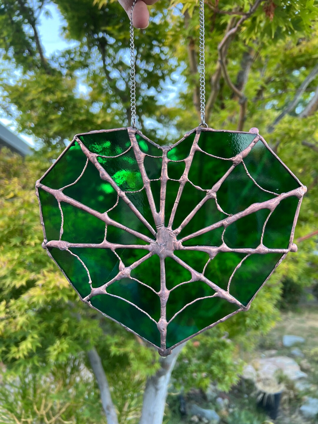 Handmade Green Spider Web Style Stained Glass Indoor Sun Catcher (8x7 ...
