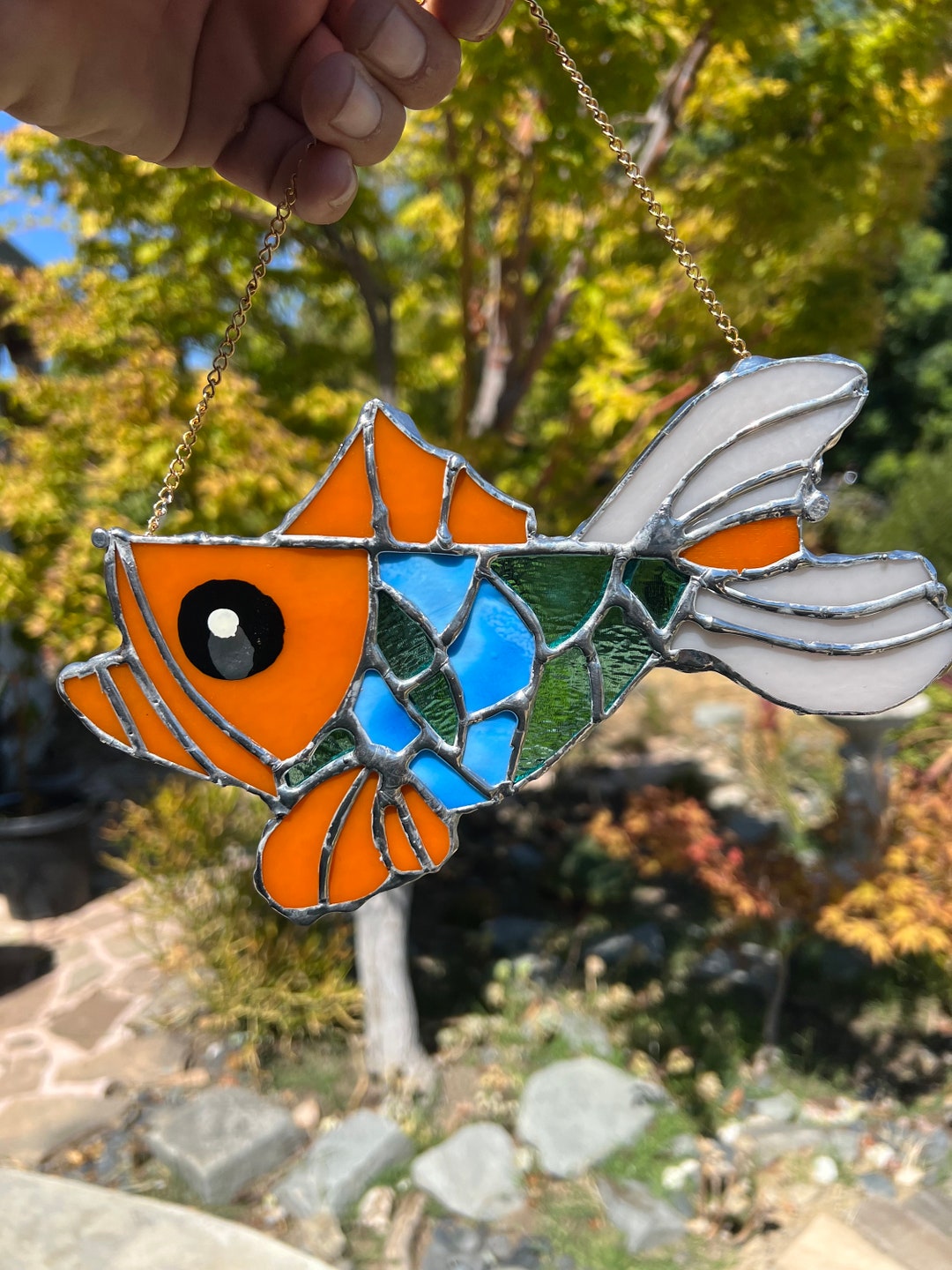 Indoor Stained Glass Handmade Orange / Blue Fish Fishing Fishermen Koi ...