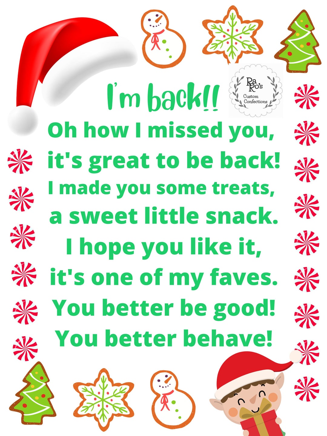 I'm Back Elf Christmas Tag / Sticker / Poem From the North Pole Helper ...