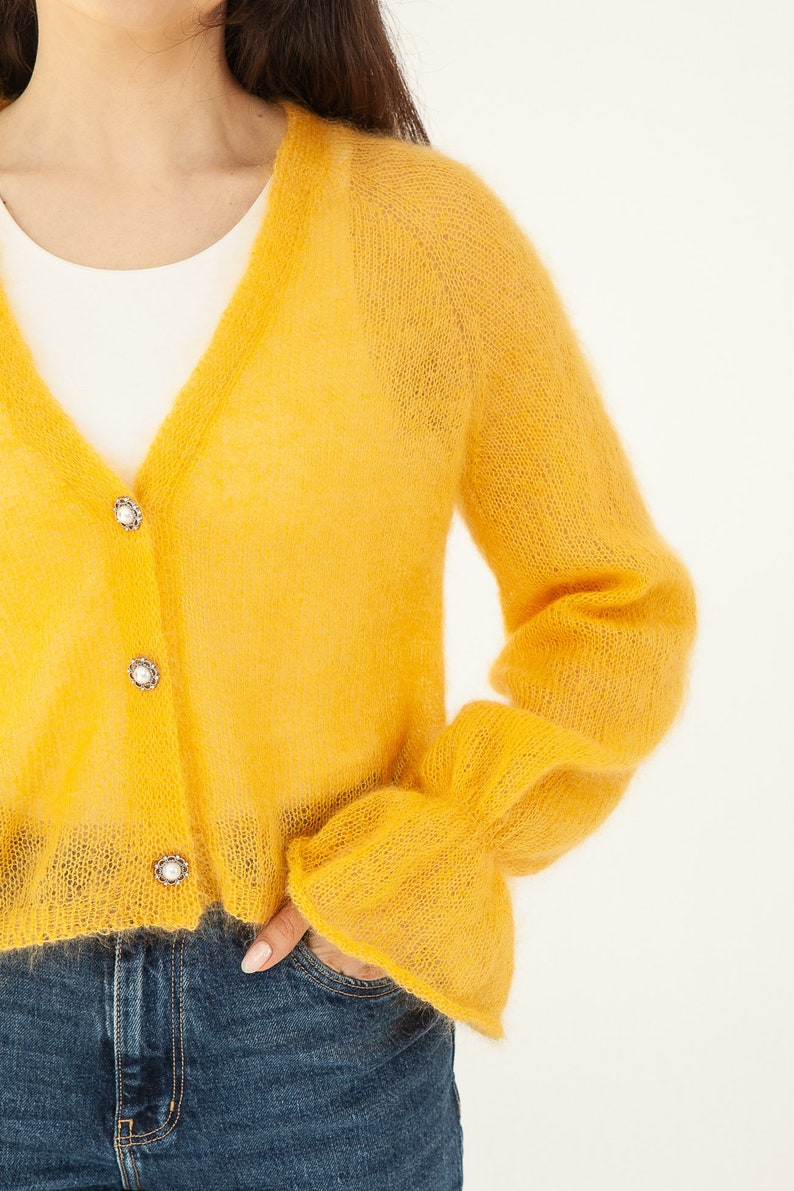 Yellow Mohair Knit Cardigan: Oversized Silk Blend, Jeweled Buttons - Etsy