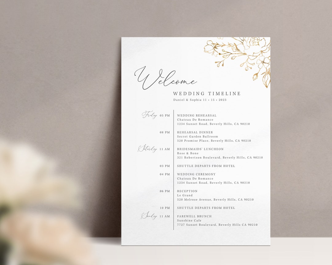 Simple Wedding Timeline Template With Elegant Gold Rose, for Your ...