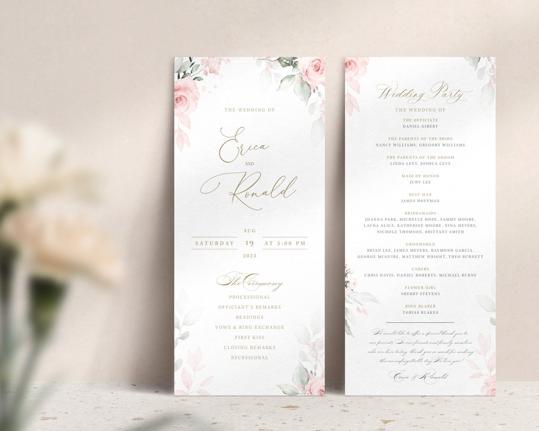 Floral Wedding Program Template 4x9, Digital Download S002D - Etsy