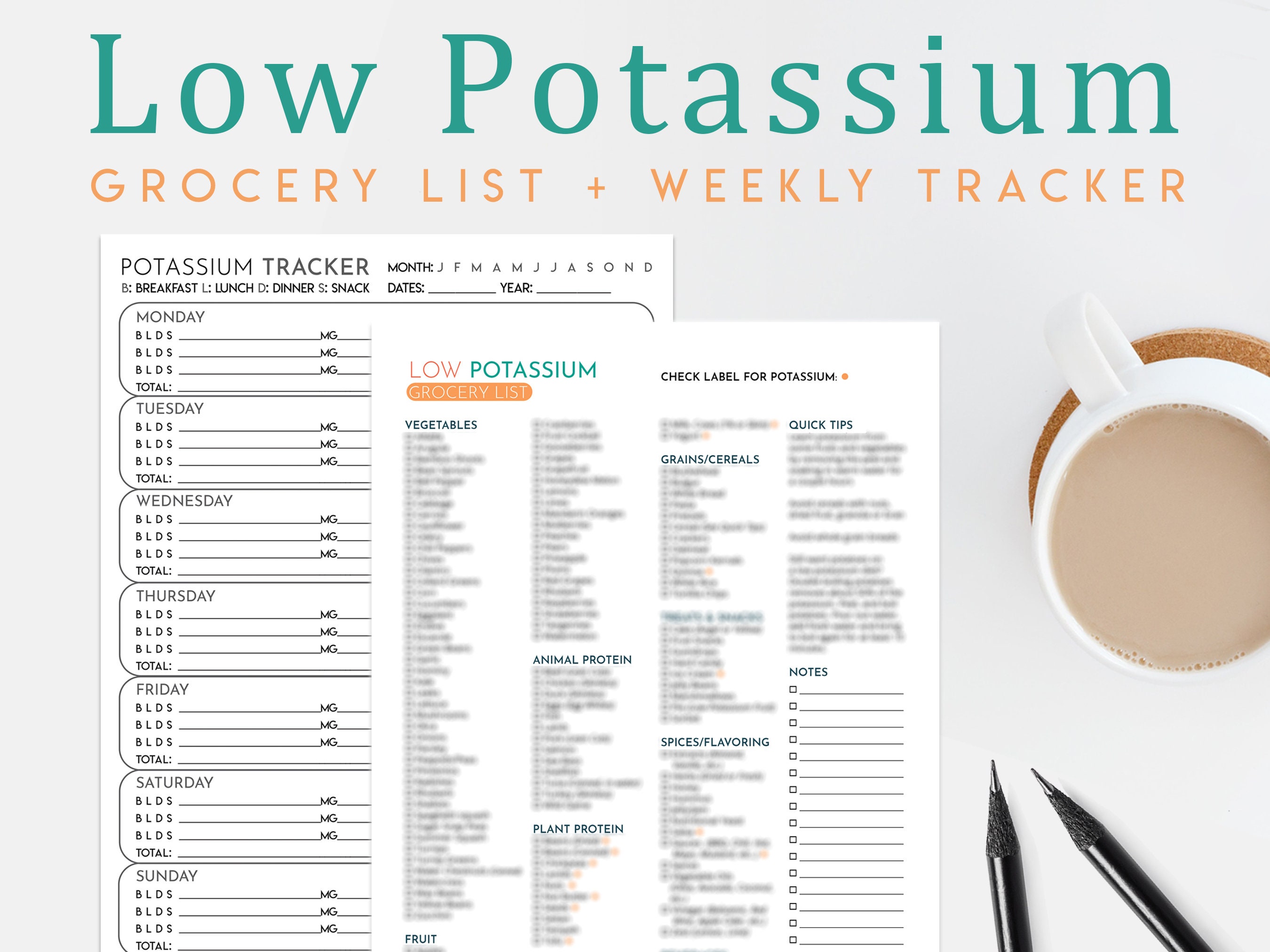 Low Potassium Diet Grocery List + Weekly Tracker, Kidney Friendly Food ...