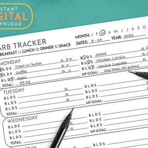 Carb Weekly Tracker Digital Download Printable Healthy - Etsy