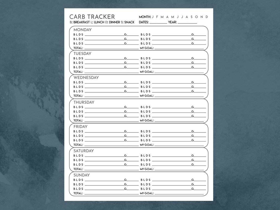 Carb Weekly Tracker Digital Download Printable Healthy - Etsy