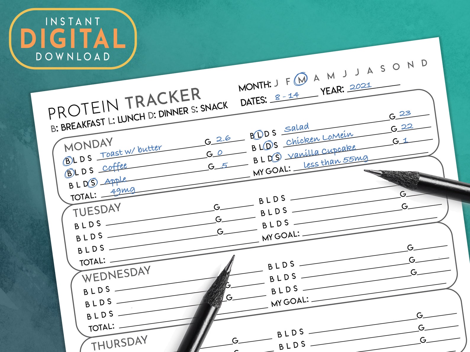 Protein Weekly Tracker Low or High Protein Diet A4 & US - Etsy