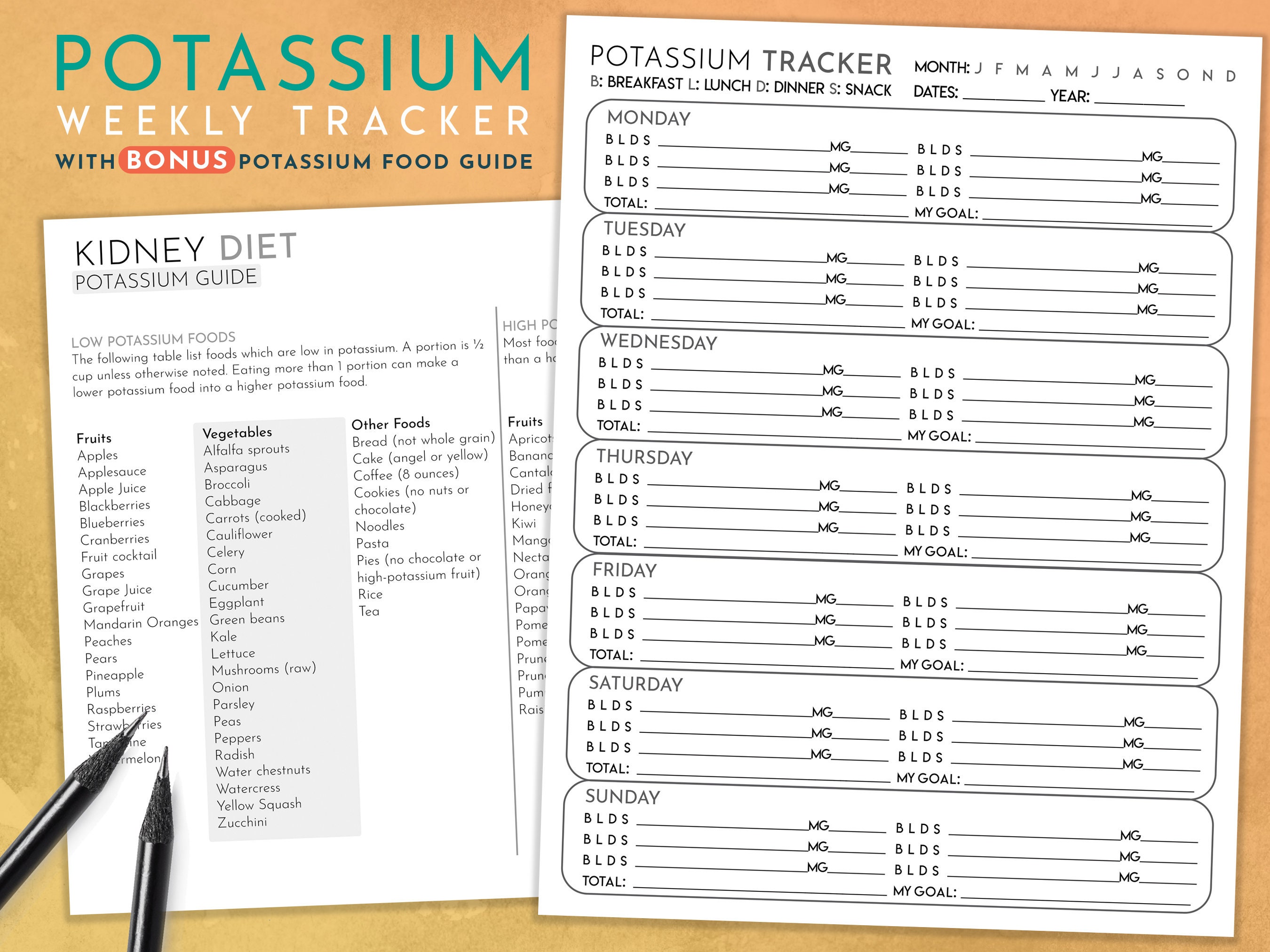 Potassium Weekly Tracker Low or High Potassium Diet A4 & US Letter PDF ...
