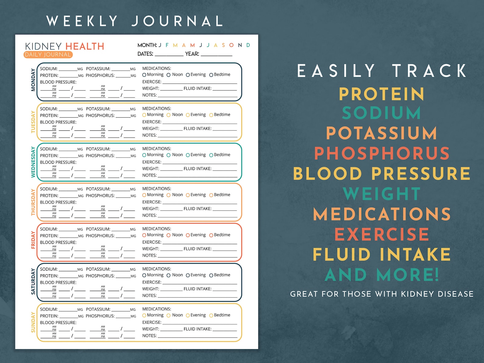 Kidney Health Daily + Weekly Journal, Track Diet, Blood Pressure ...