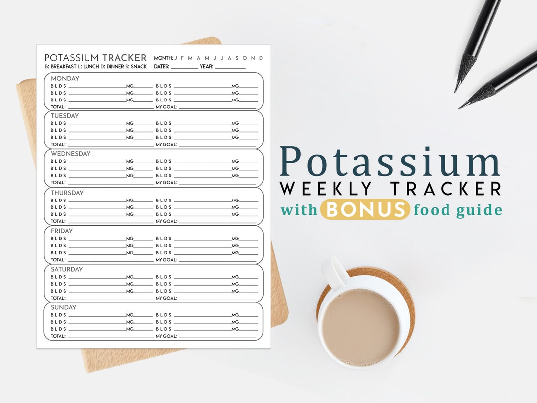Potassium Weekly Tracker | Low or High Potassium Diet | A4 & US Letter ...