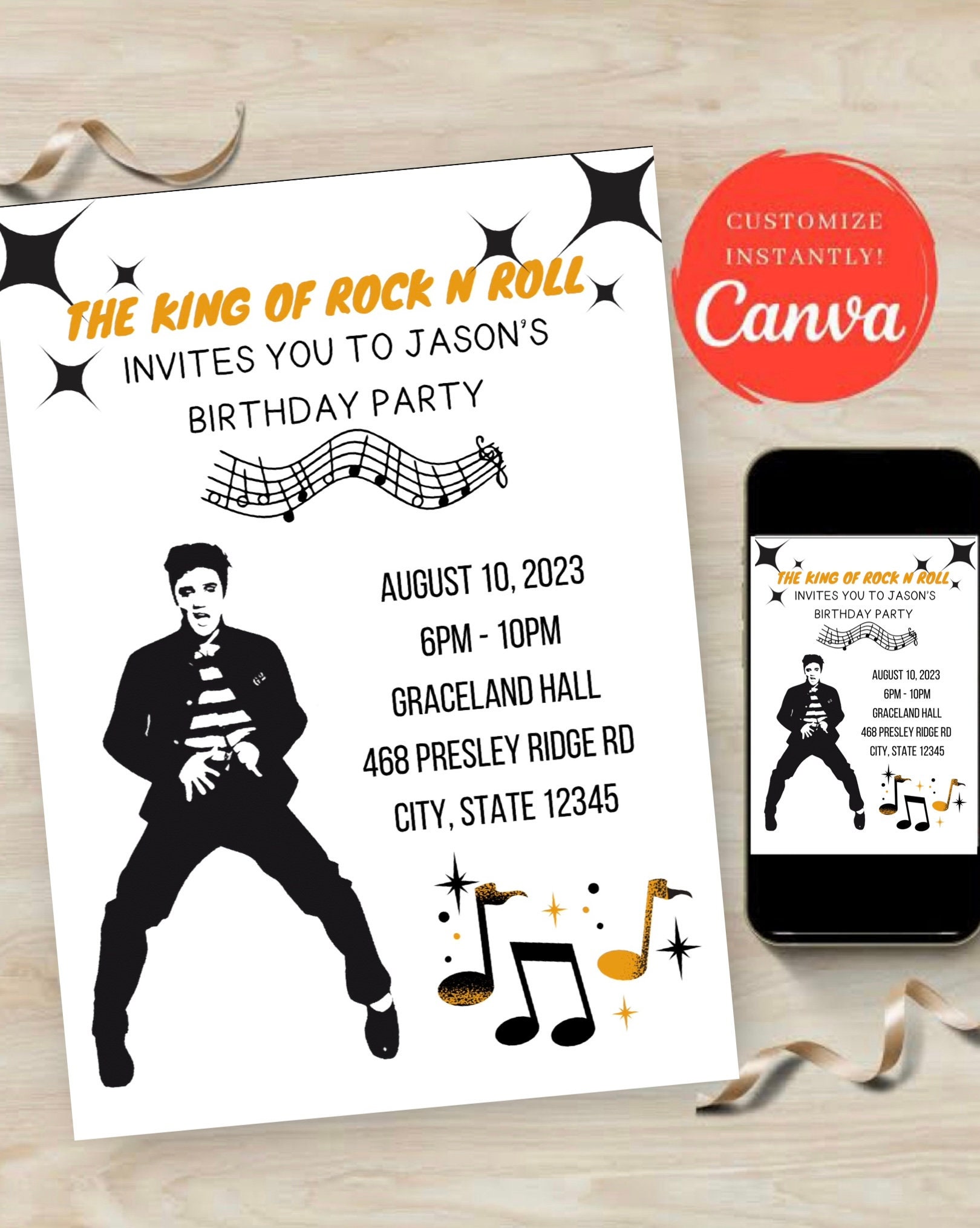 Elvis Presley Digital Invitations, Birthday Party, King of Rock, Elvis ...