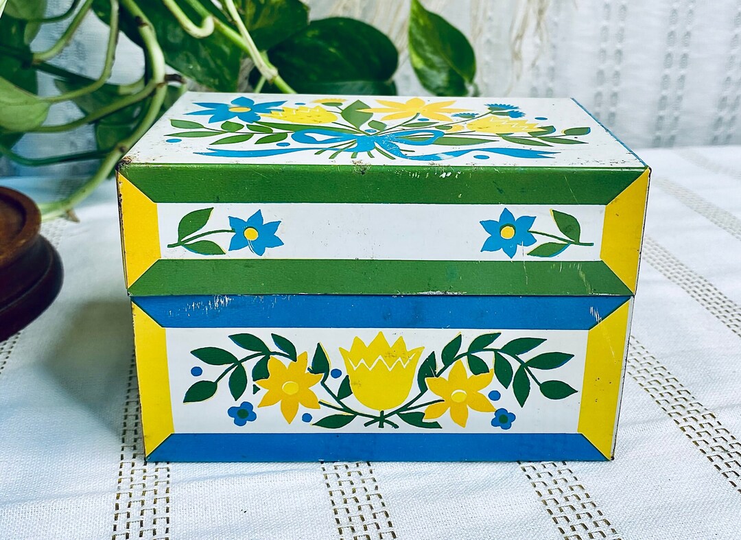 Vintage White, Yellow, Blue, & Green Floral Tin Recipe Box, Flower ...