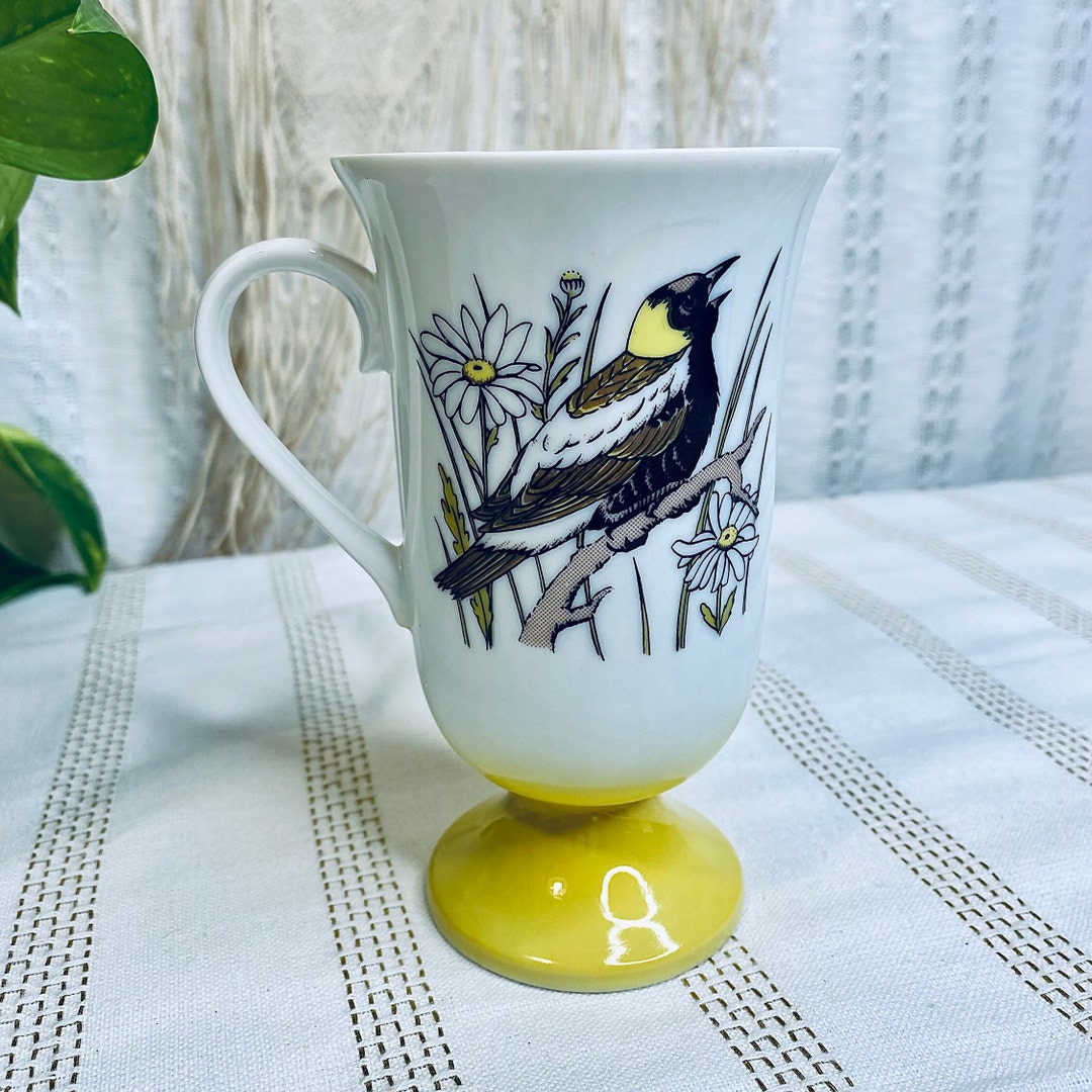 Vintage Songbird Ceramic Pedestal Mug, Bird Coffee Cup, Japanese Tea ...