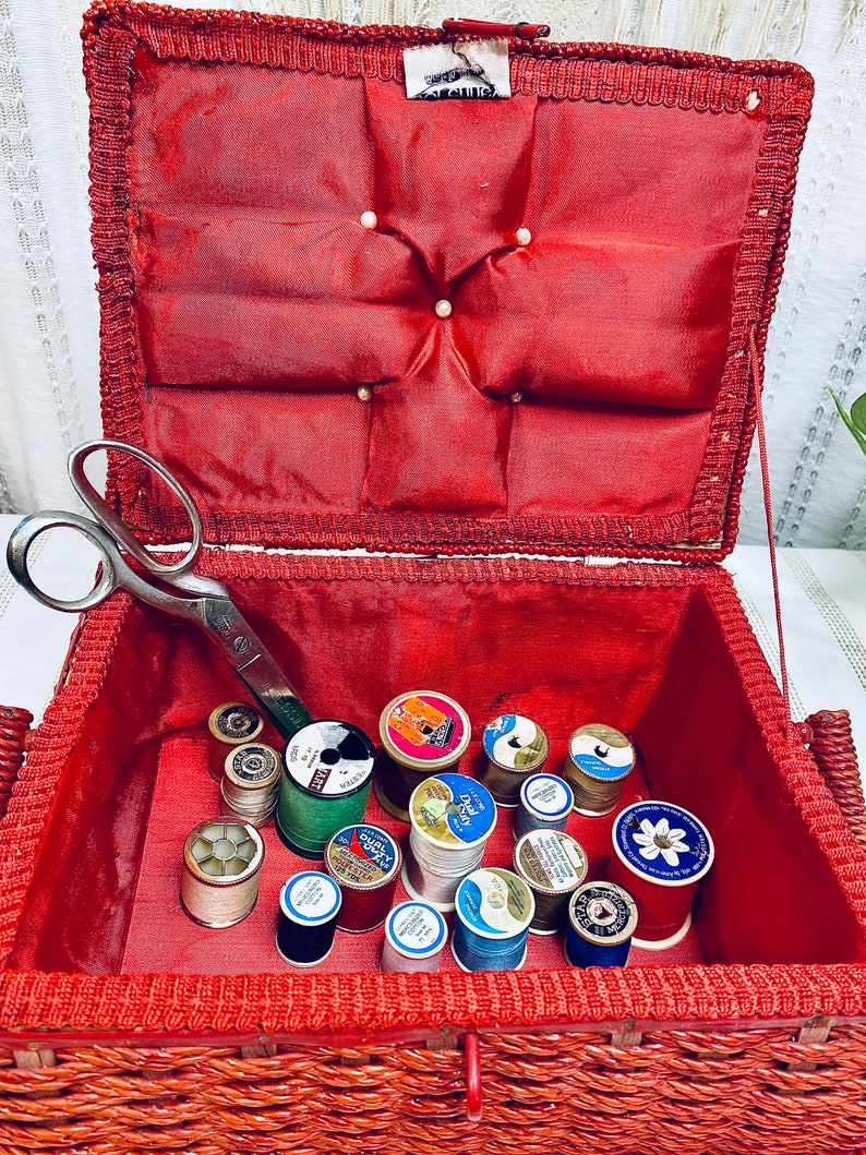 Vintage Red Wicker Sewing Basket With Floral Pattern & Vintage - Etsy