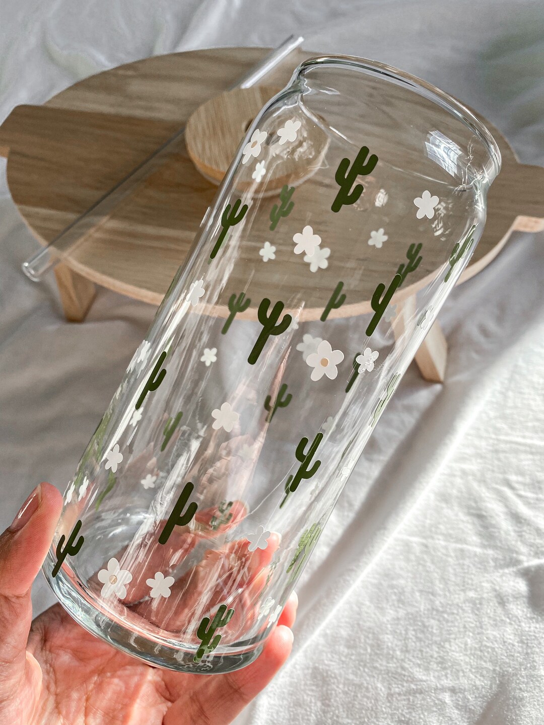 Cactus Glass Can, Cute Cactus and Flowers Tumbler, Boho Desert Cups ...