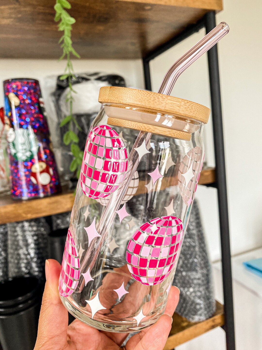 Disco Glass Cans, Pink Disco Balls Tumblers, Glass Can With Pink Disco ...