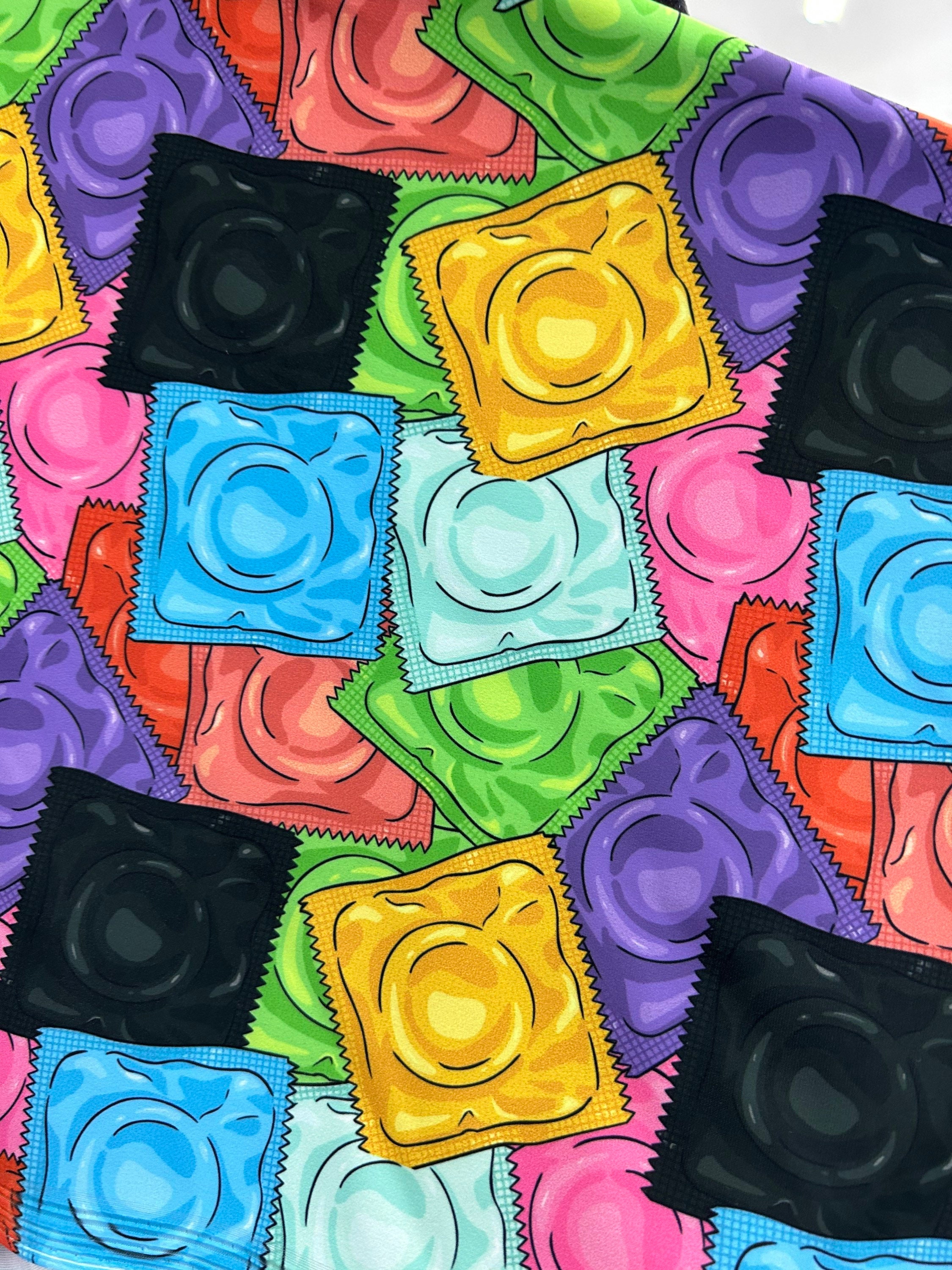 Mature Content: Multicolor Condom Wrapper Print on Nylon Spandex Four ...