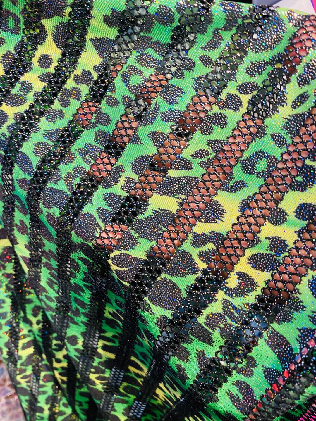 Green Leopard/cheetah Print With Fishnet on Four Way Stretch Fabric ...
