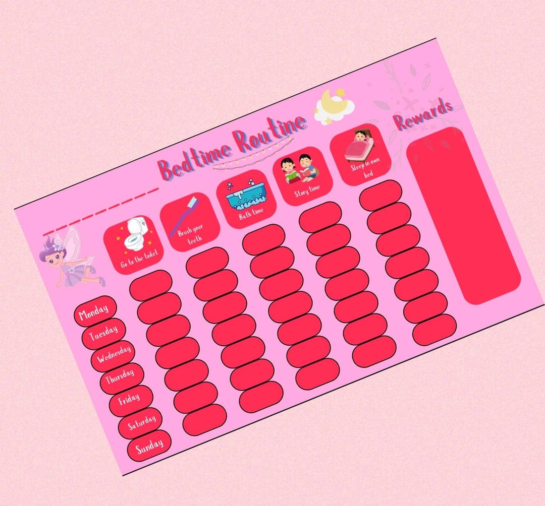 Printable Bedtime Routine Reward Chart Pink Reward Chart for Kids ...