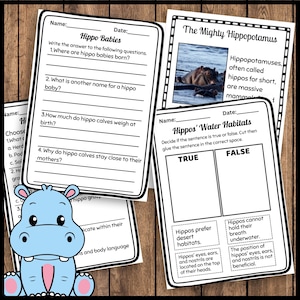 Hippo Adventure: Explore 5 Fascinating Passages With Fun Worksheets! - Etsy