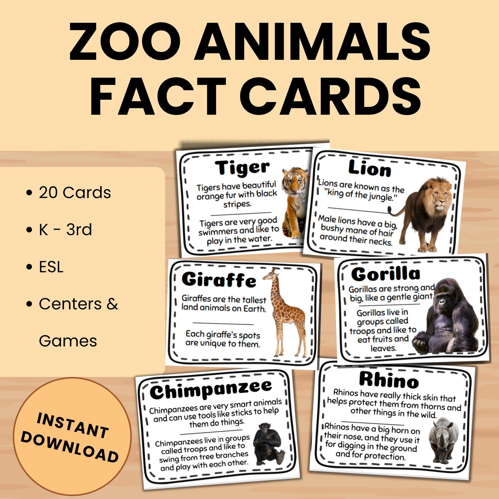 Zoo Animal Fun Fact Cards • 20 Printable Flash Cards for Kids ...