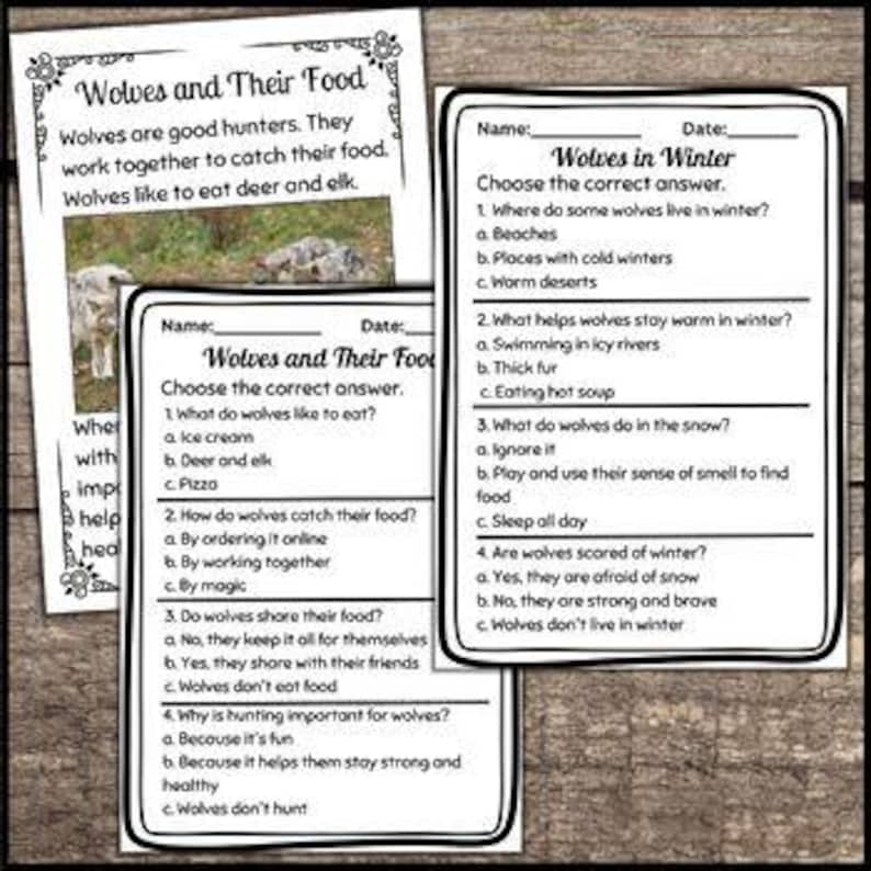 Wolves Reading Comprehension Worksheets for Kids| Nonfiction Passages ...
