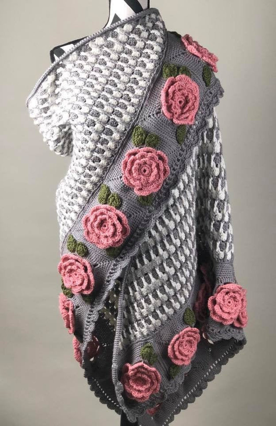Hand Crocheted Shawl, Floral Shawl, Rose Shawl, Rose Apparel, Floral ...