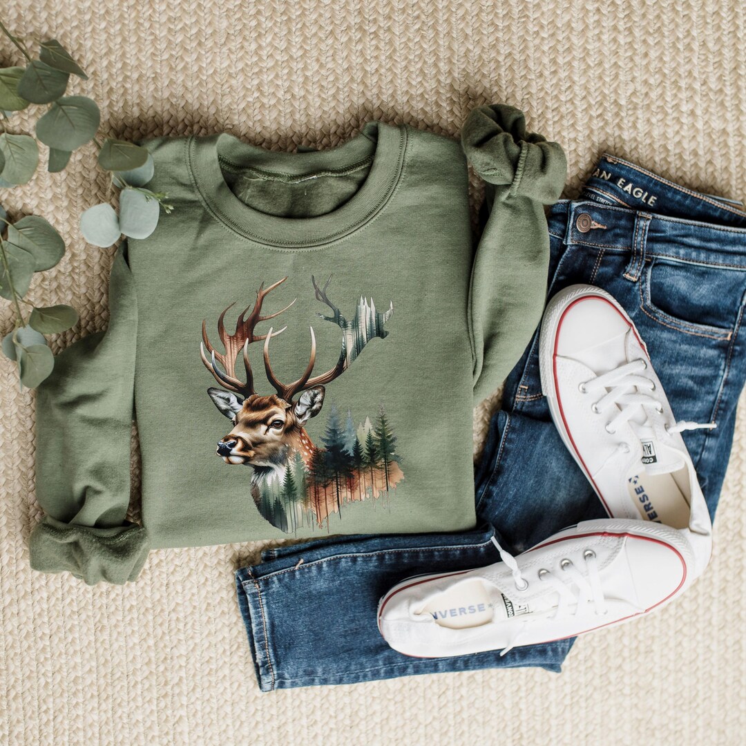 Retro Deer Wilderness Scene Sweatshirt Vintage Buck and Doe Deer ...