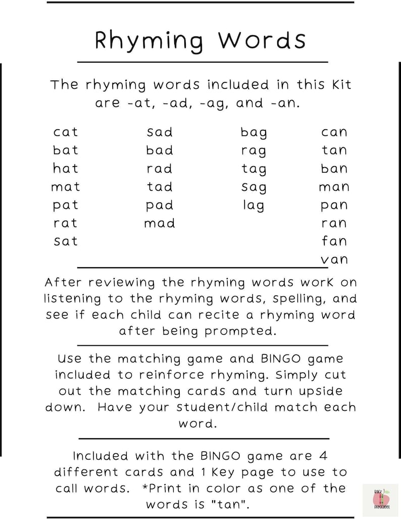 Rhyming Words Letter a Plus BINGO and Matching Game - Etsy
