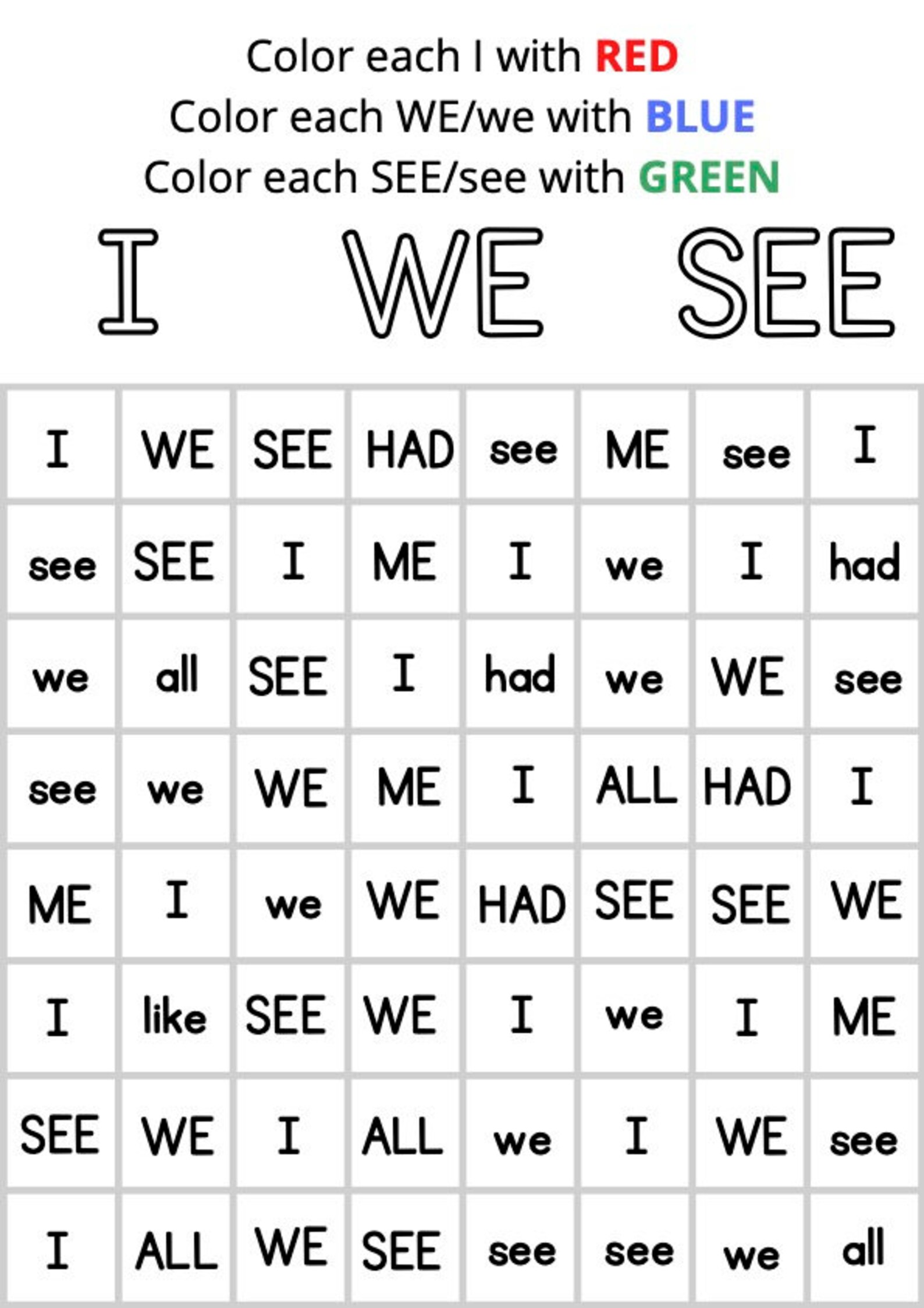 Preschool and Kindergarten Sight Words (I, See, We) - Etsy