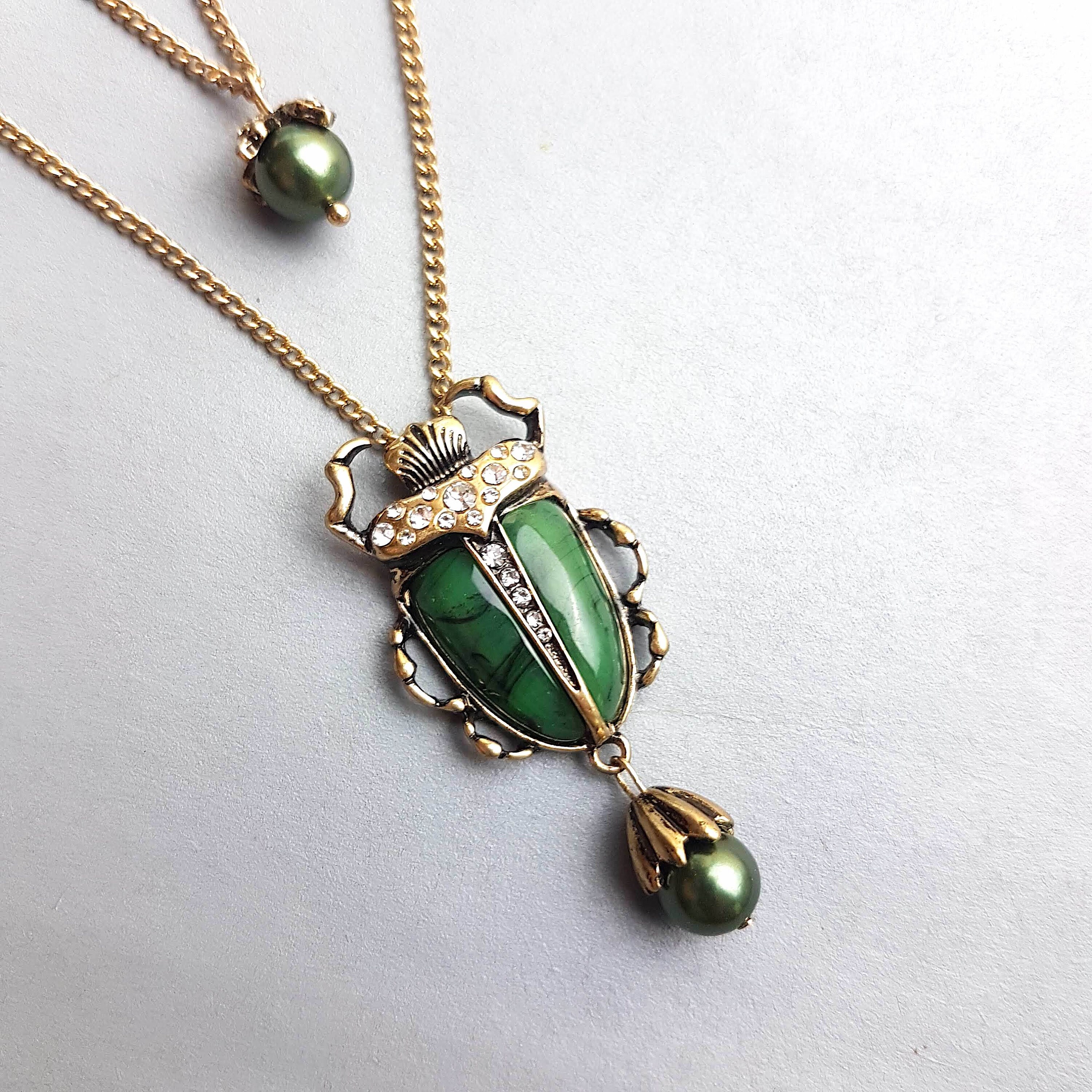 Green Scarab Necklace Double Necklace Scarab Beetle Pendant | Etsy