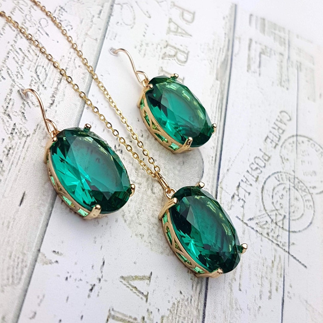Emerald Green Jewelry Set Green Crystal Earrings Necklace Set - Etsy