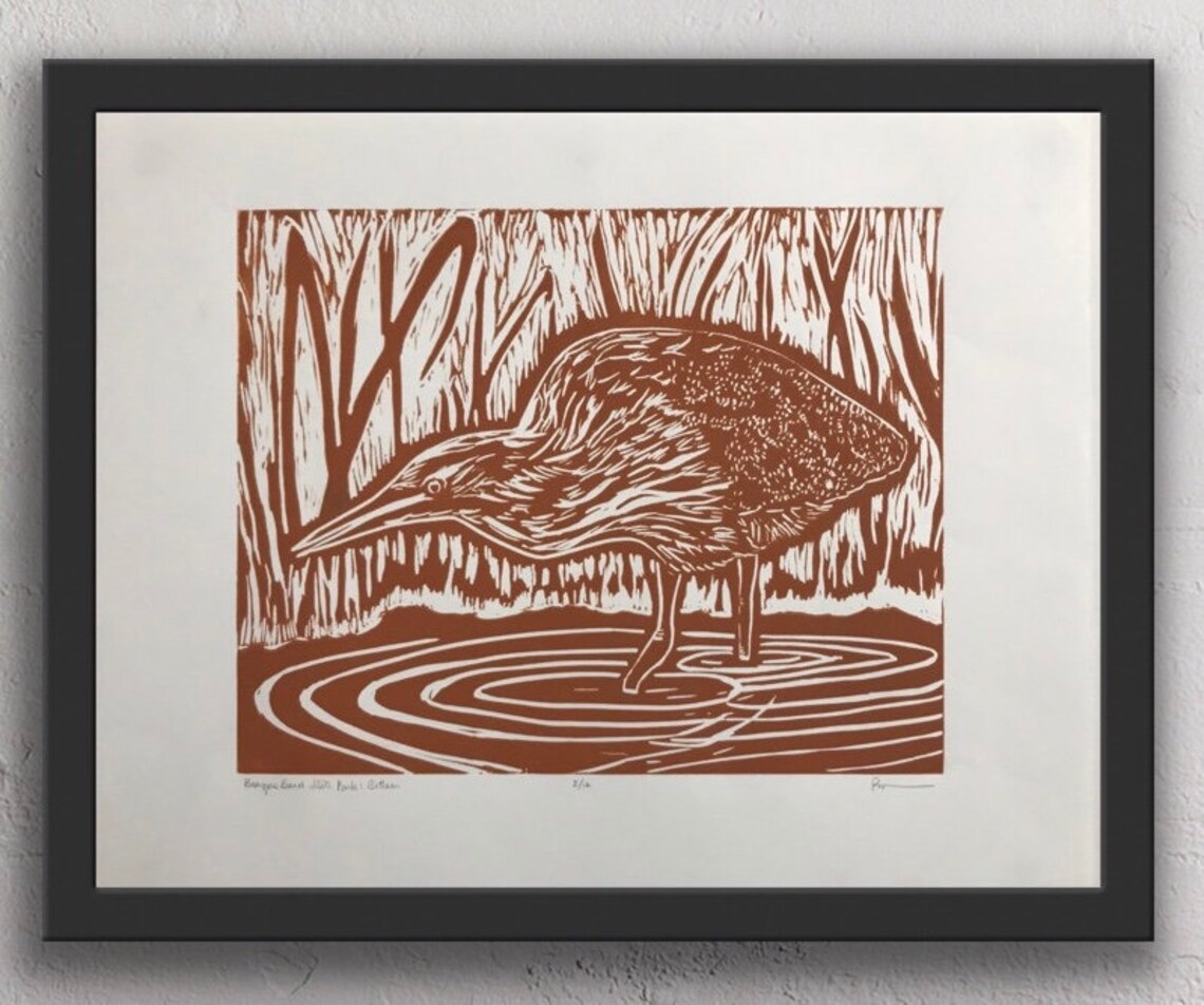 Bittern Print: Wildlife Art Print Limited Edition Bird Linocut American ...