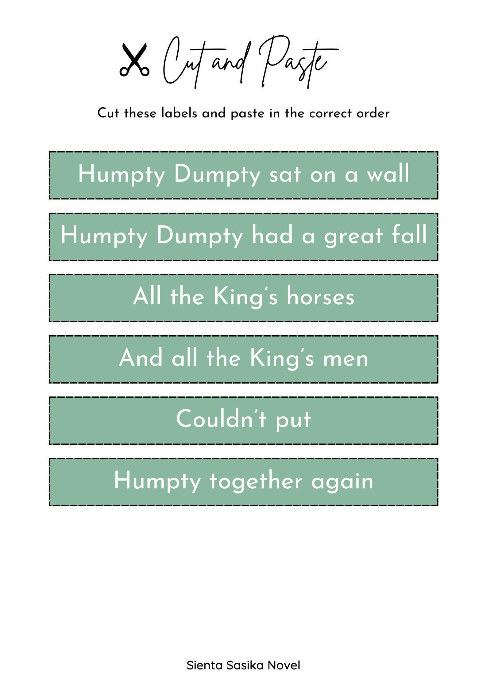 NURSERY RHYMES: Humpty Dumpty Activity Worksheet, Nursery Rhymes Card ...