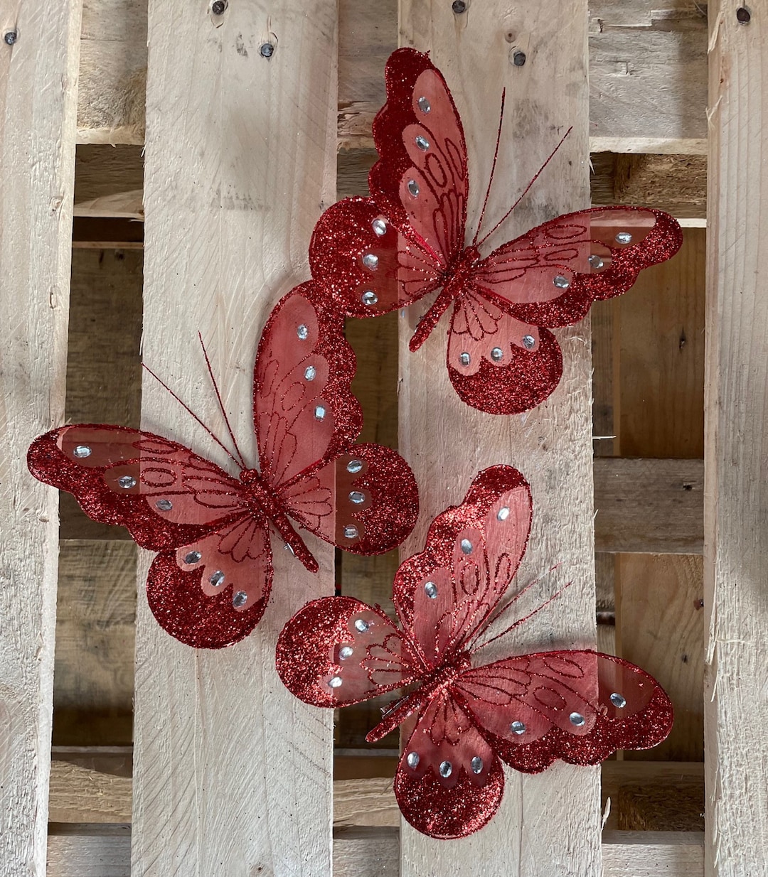 3 X Bright Red Nylon Glitter Diamante Butterflies Decoration With Metal ...