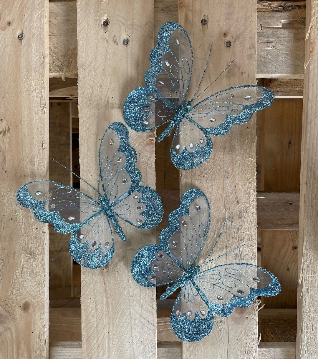 3 X Blue Aqua Teal Nylon Glitter Diamante Butterflies Decoration With ...