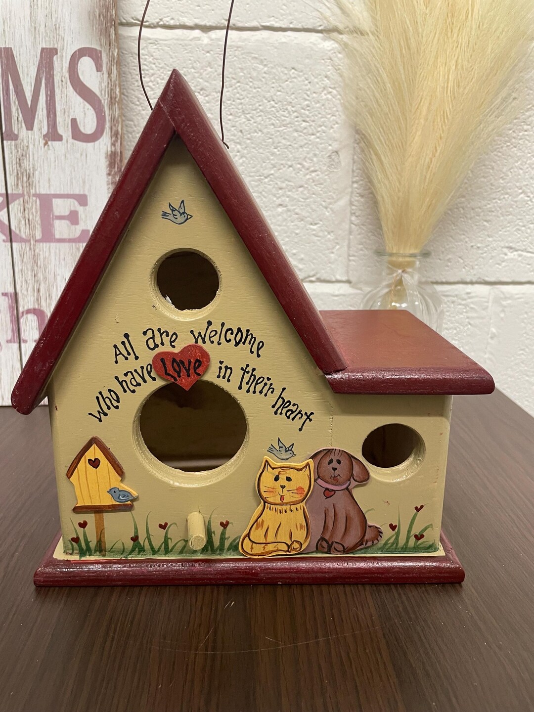 Vintage Wooden Hand Painted Bird Box Dog Cat Design “all Are Welcome ...