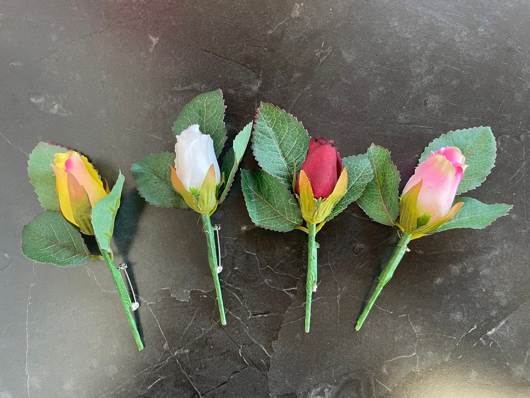 Artificial Rose Bud Buttonhole, Pin on Boutonniere in Yellow, White ...