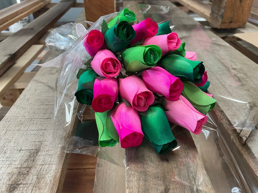 Everlasting Flower Bouquet, 2 Dozen Tropical Wooden Roses in Pinks and ...