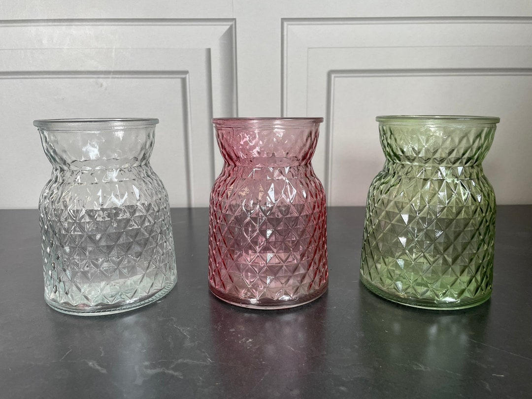 Small Lattice Waisted Vase Textured Glass Flower Vase in Green, Pink ...