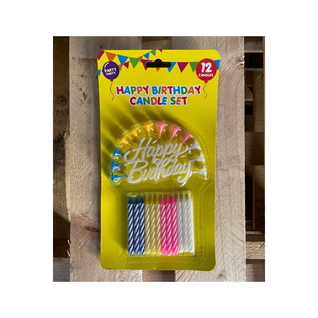 Happy Birthday Candle Set - 12 Candles Pink Blue Yellow White - Happy ...